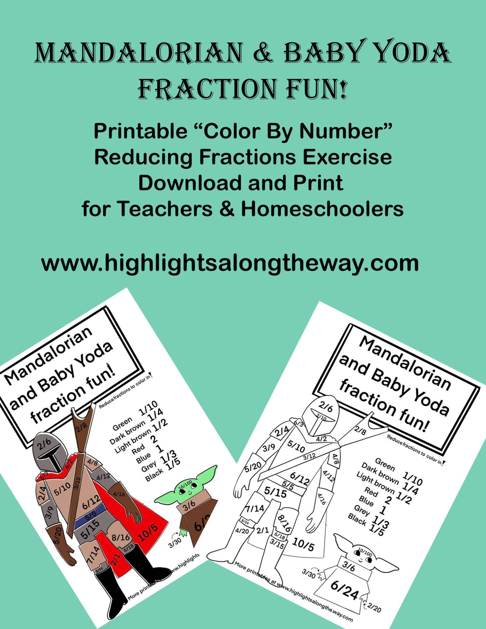 Color By Number Reducing Fractions Baby Yoda Free Printable