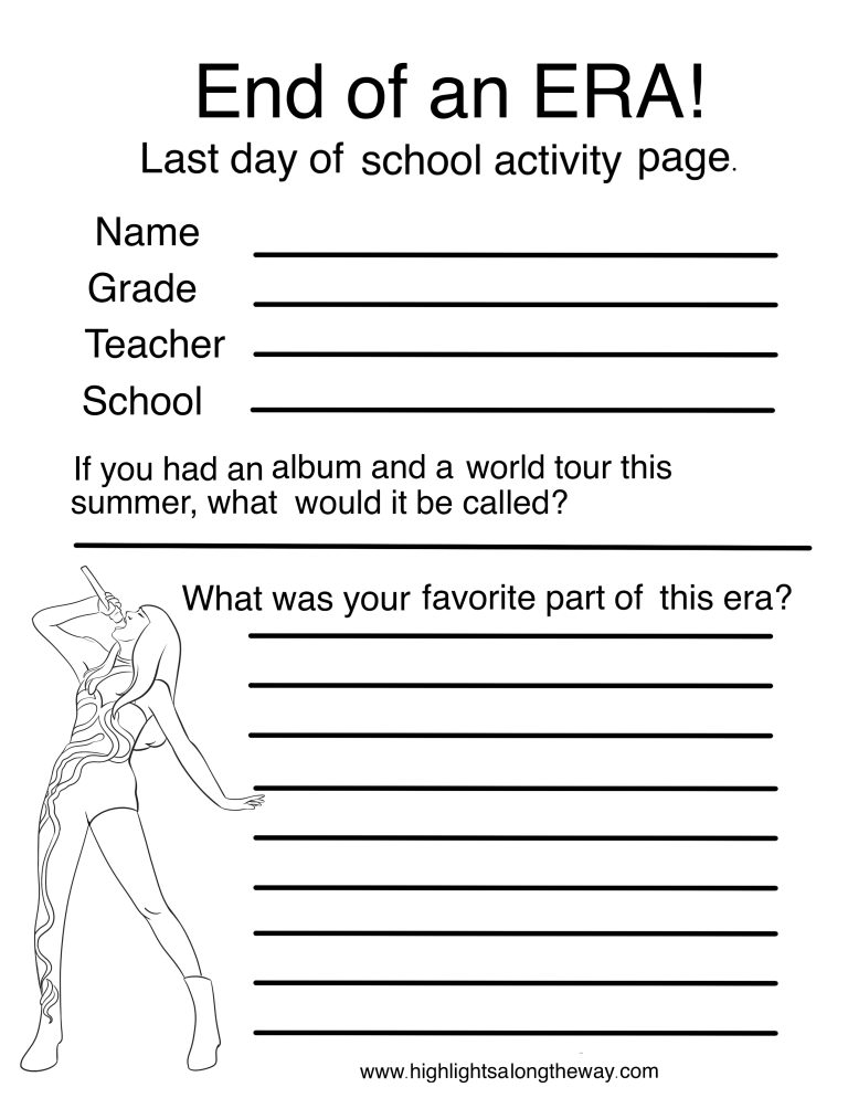 End of an Era - Last Day of School activity sheet - Taylor Swift!